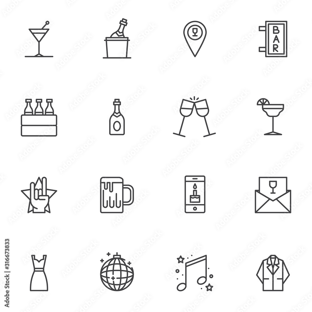 Bar party event line icons set. linear style symbols collection ...