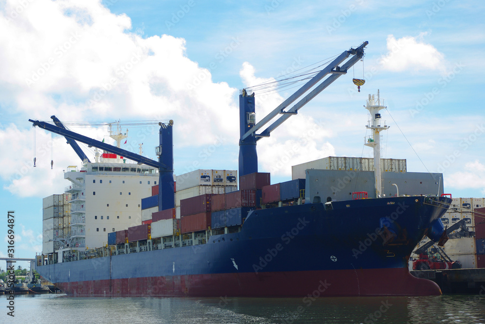 Container ship with own cranes make loading and discharging of reefer ...