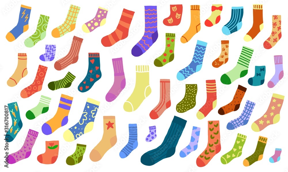 Hand drawn sock collection. Doodle socks with different texture and ...