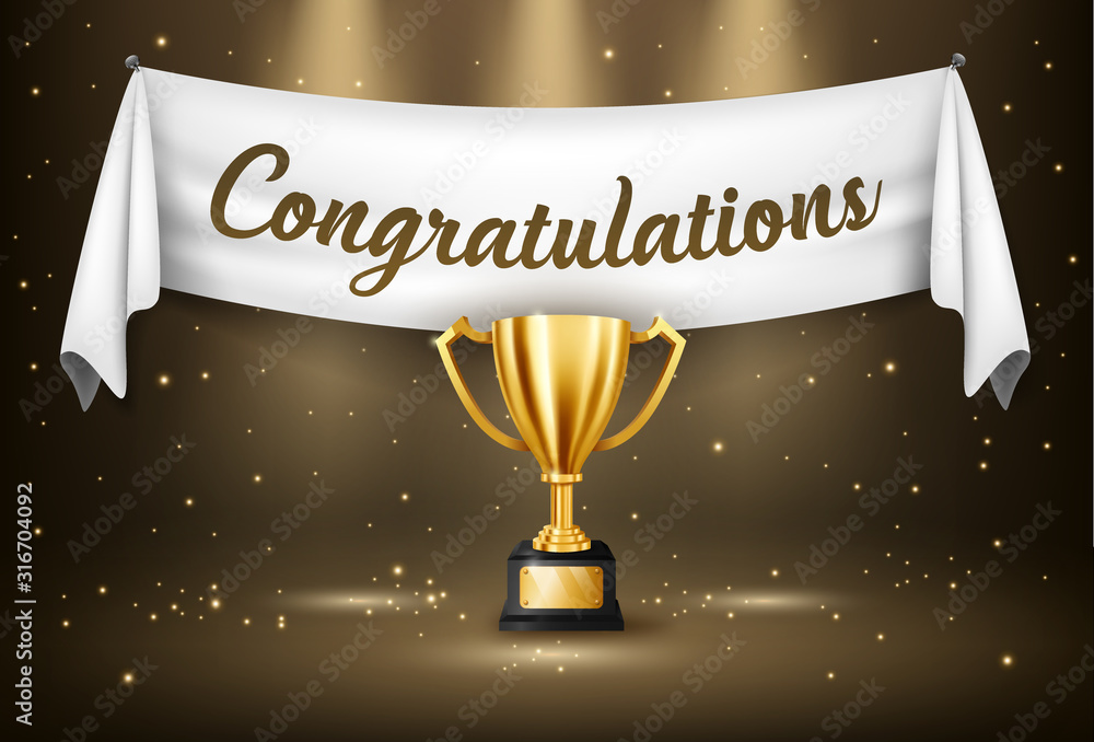 Realistic Golden Trophy with text space and Congratulations text on ...