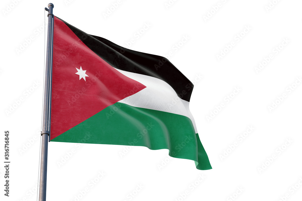 Jordan flag waving on pole with white isolated background. National ...