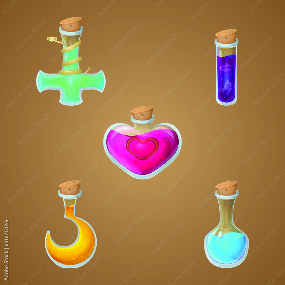 Magic potions game asset vector set, cute fantasy design, isolated ...