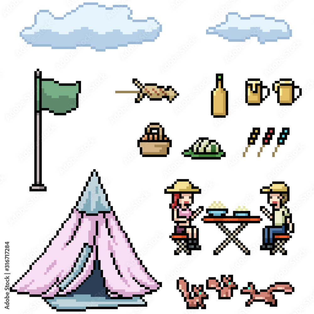 vector pixel art picnic camp vector de Stock | Adobe Stock