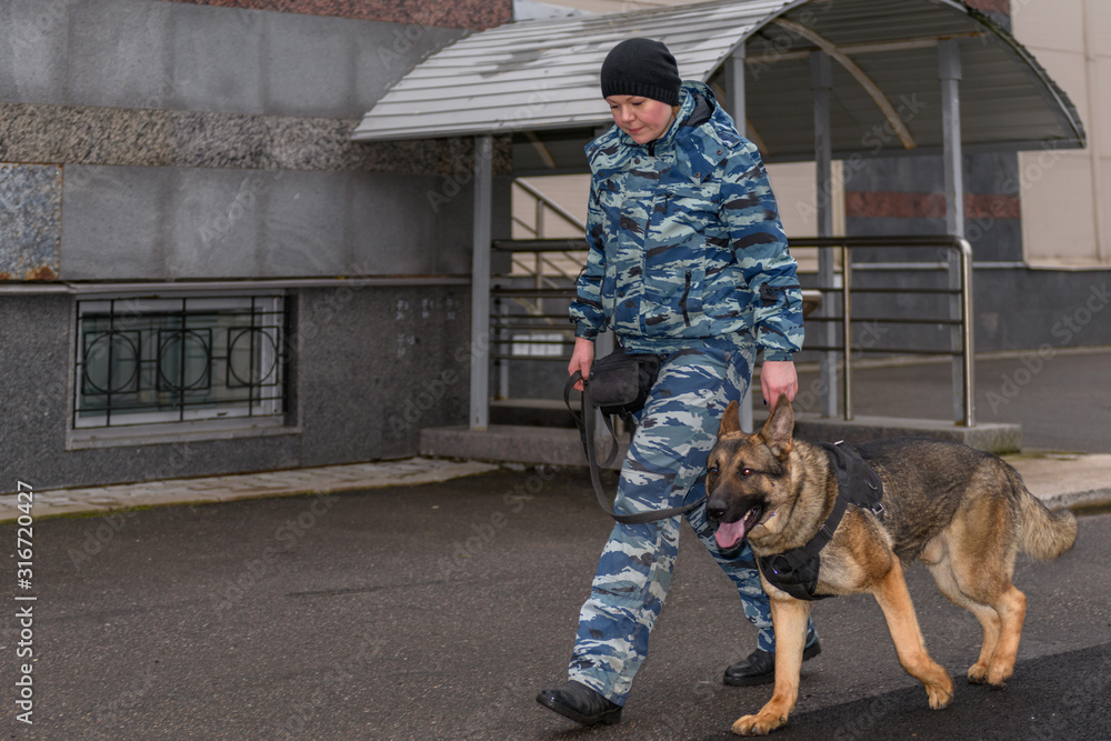 Female police officers with a trained dog. German shepherd police dog ...