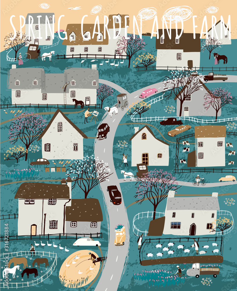 Spring, garden and farming. Vector illustration of nature, village ...