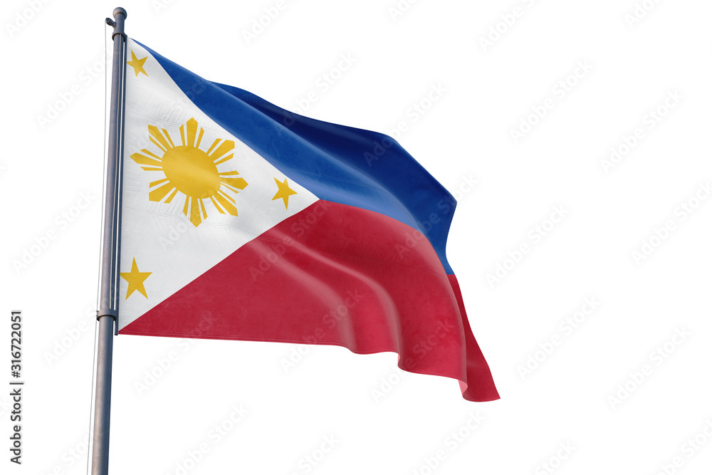 Philippines flag waving on pole with white isolated background. National theme, international ...