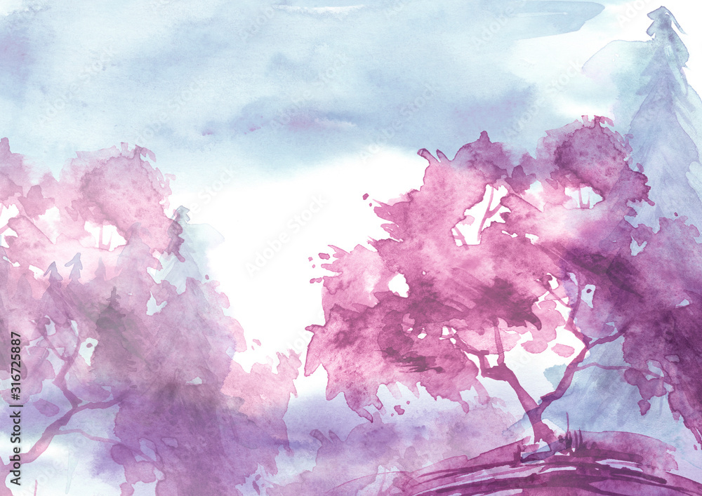 Watercolor landscape. pink trees, bushes,spruce, pine, cedar.Watercolor ...