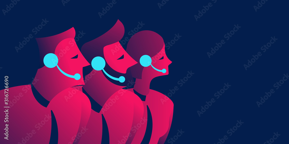 Call center, helpdesk business concept in red and blue neon gradients ...