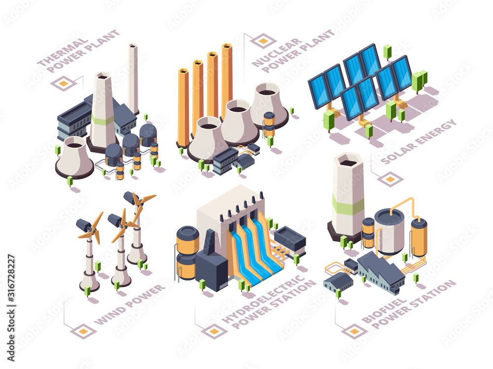 Energy systems. Powerful nature factories electric solar panels turbine ...