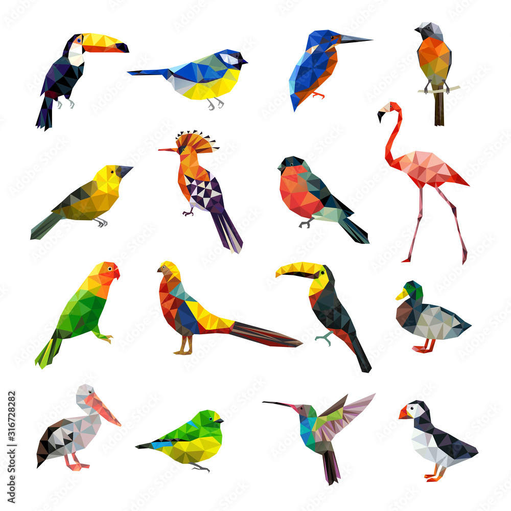 Polygonal birds. Geometrical stylized animals set flying colored birds ...