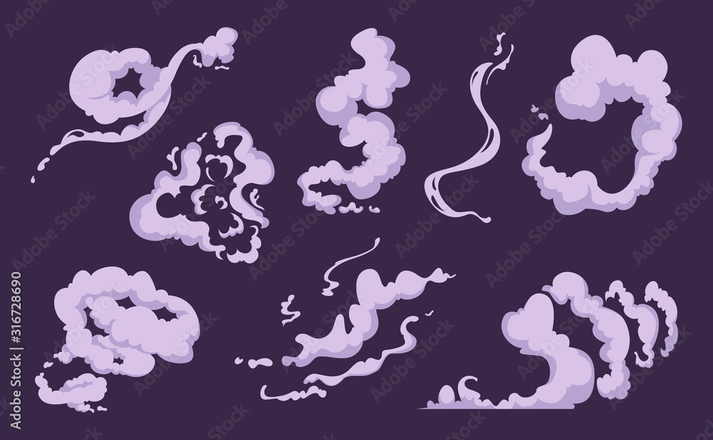 Comic smoke. Cartoon smell explosion vfx clouds of wind vector set ...