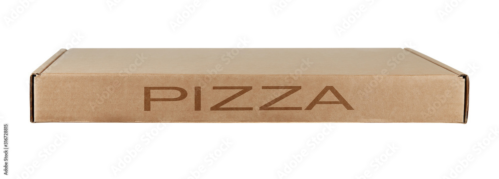 Closed pizza box isolated on white background. View from the narrow ...