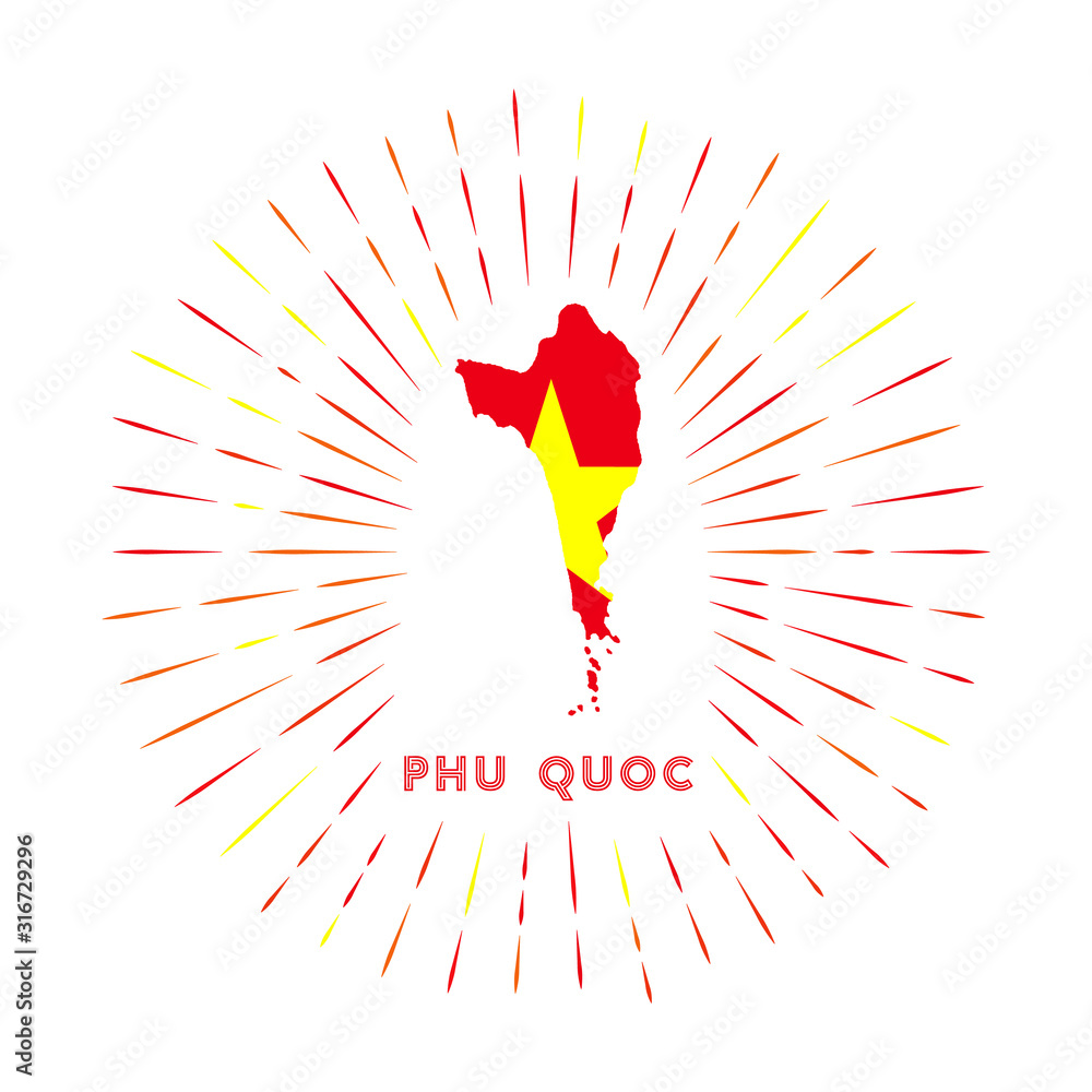 Phu Quoc sunburst badge. The island sign with map of Phu Quoc with ...