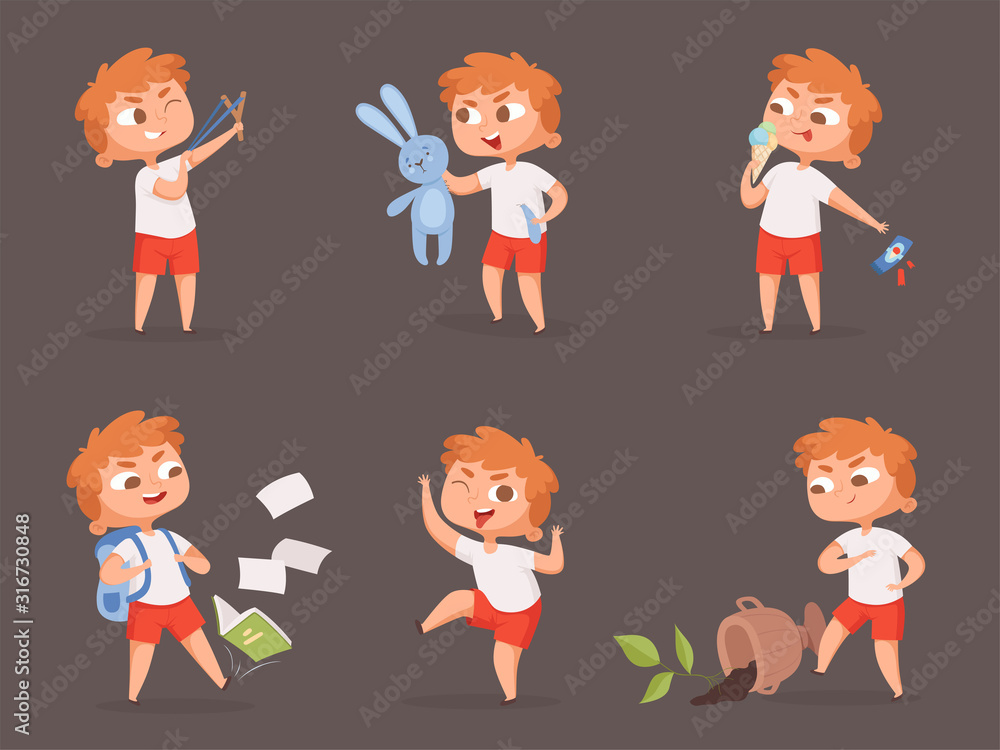 Behavior kids. Bad angry boys teasing children vector cartoon set ...