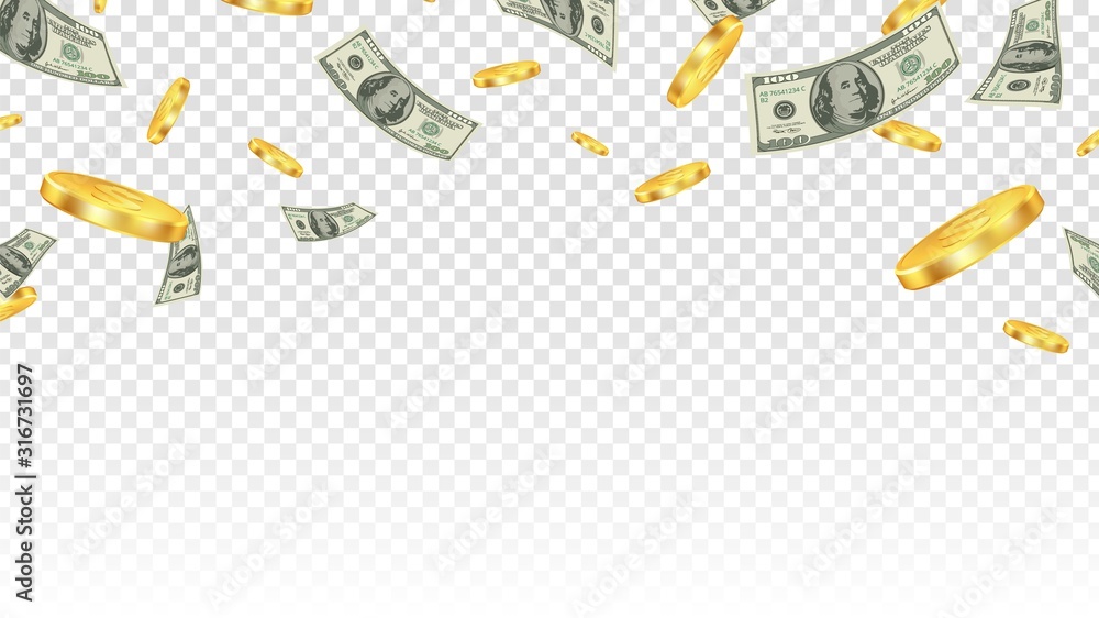 Flying money. Gold coins and banknotes in the air isolated on ...
