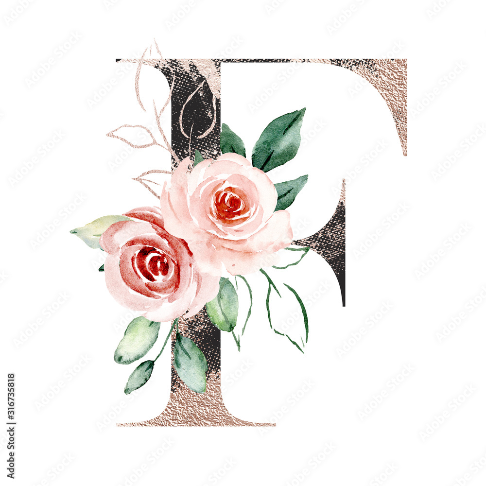 Letter f, gold & black alphabet letterhead with watercolor flowers ...