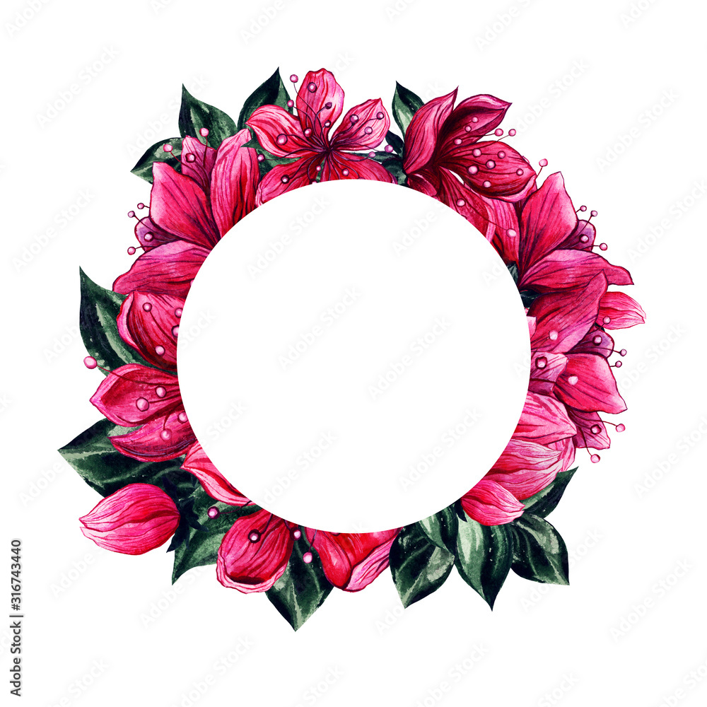 Plum blossom pink flowers frame, watercolor floral decoration borders ...