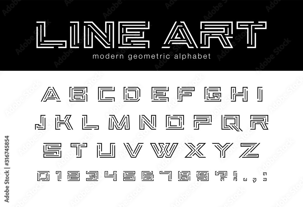 Geometric line art font. Technology, futuristic maze, digital tech ...