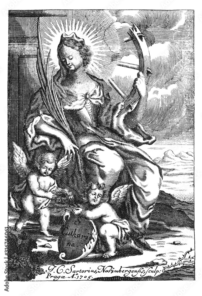 Antique vintage religious allegorical engraving or drawing of Christian ...