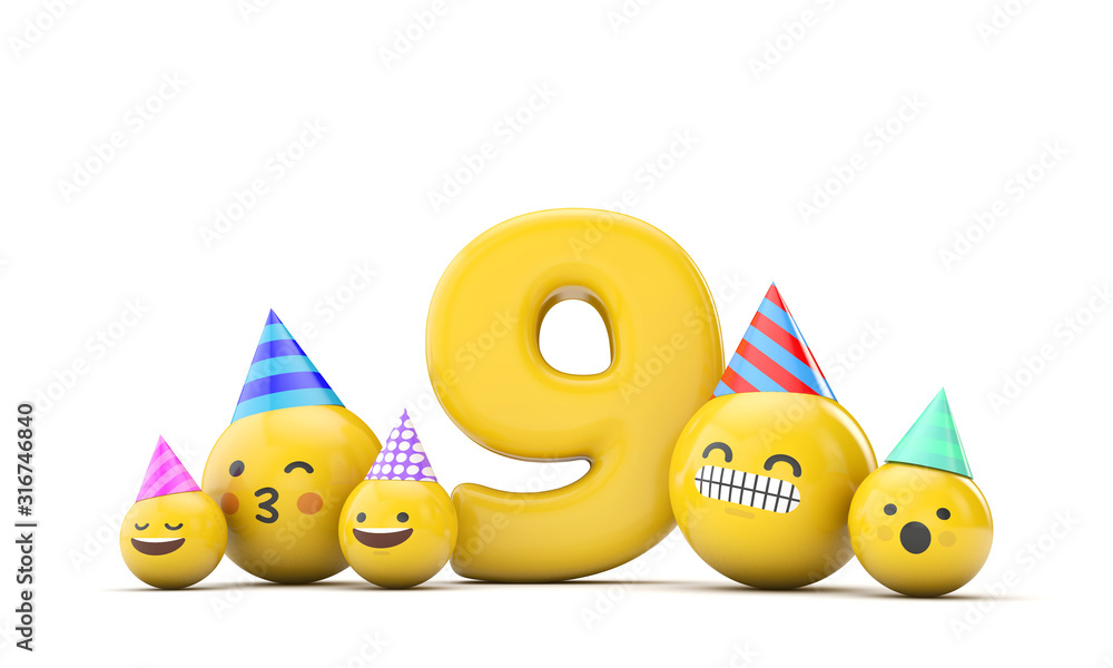 Number 9 emoji birthday party celebration. 3D Render Stock Illustration ...