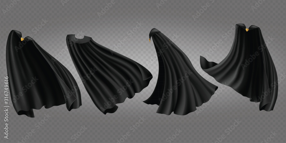 Black cloaks set. Silk flattering capes side, back and front view ...