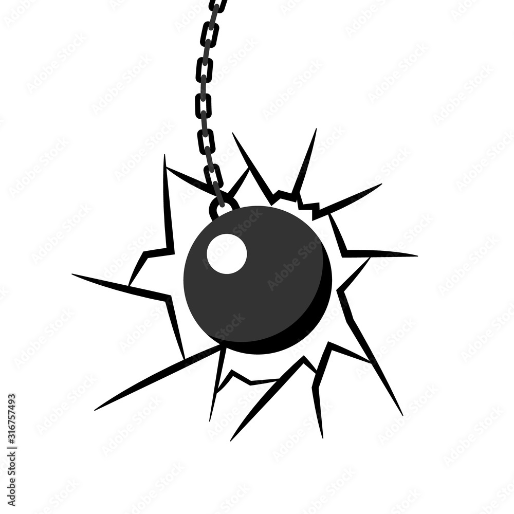 Wrecking ball destroys wall. Clipart image isolated on white background ...