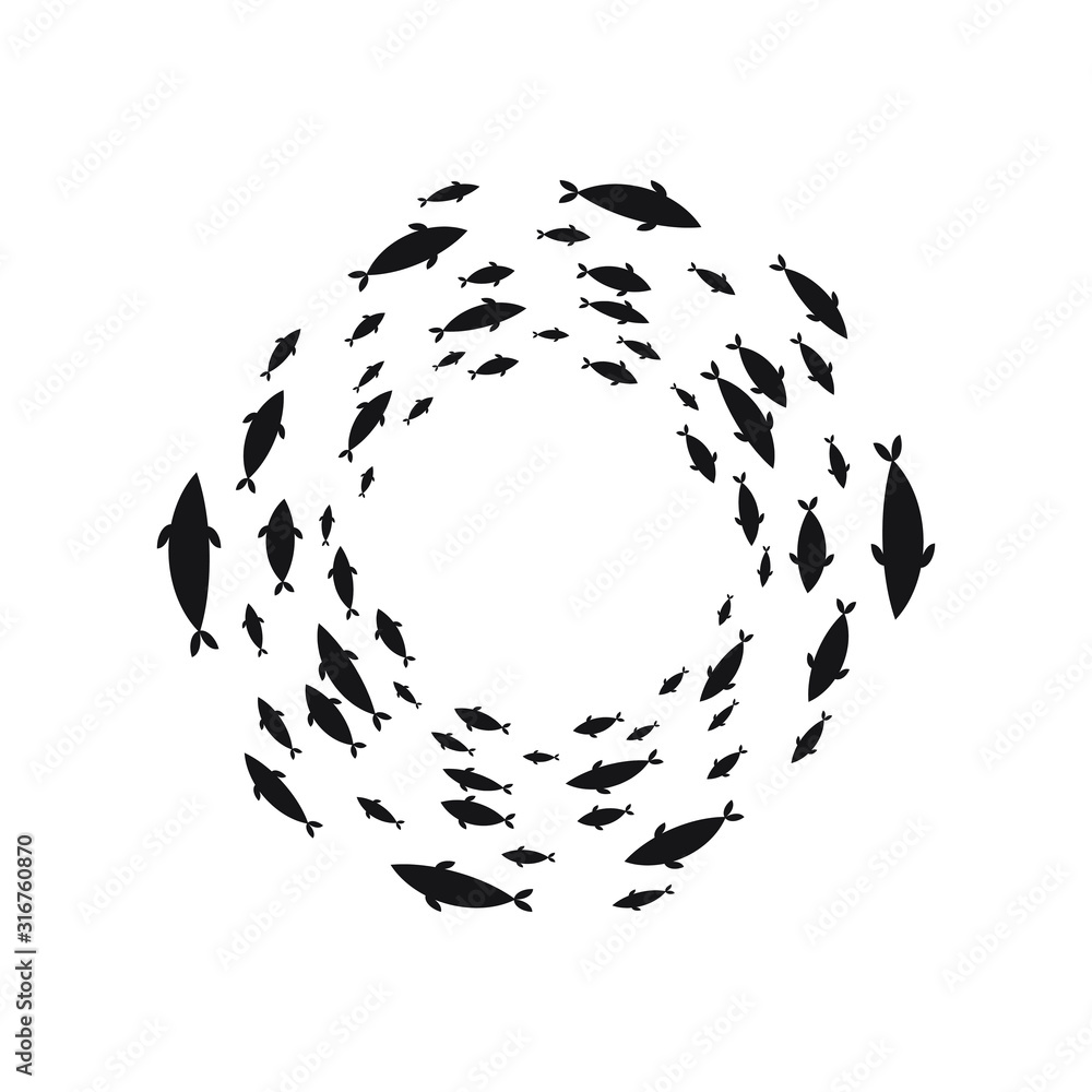 School of fish. A group of silhouette fish swim in a circle. Vector ...