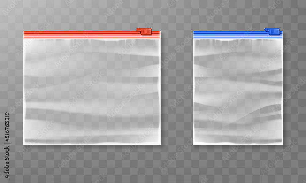 Realistic vector plastic zipper bag mockup isolated on transparent ...