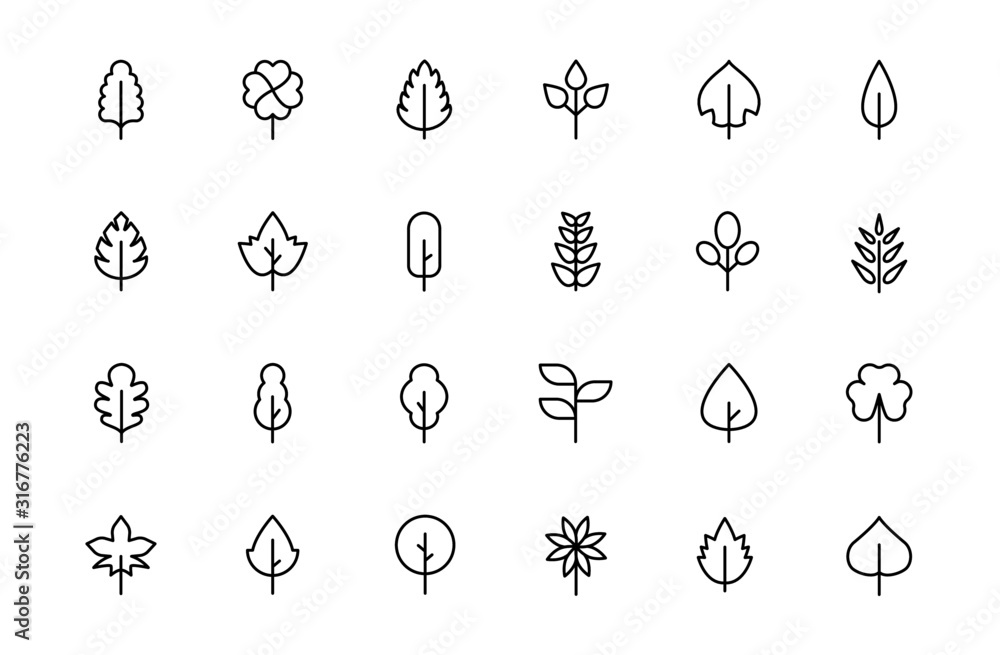 Tree line icons. Minimal outline plants leaves branches, simple nature ...