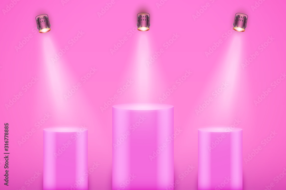 Light box with Pink presentation three column podiums on light backdrop ...