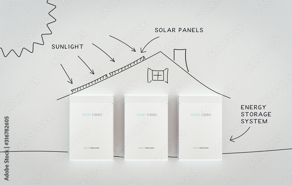 Sketch illustration of a battery home energy storage system. 3d ...