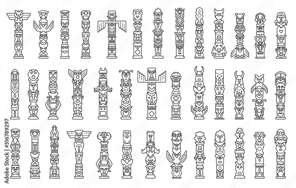 Totem vector line set icon. Vector illustration set tribal mask ...