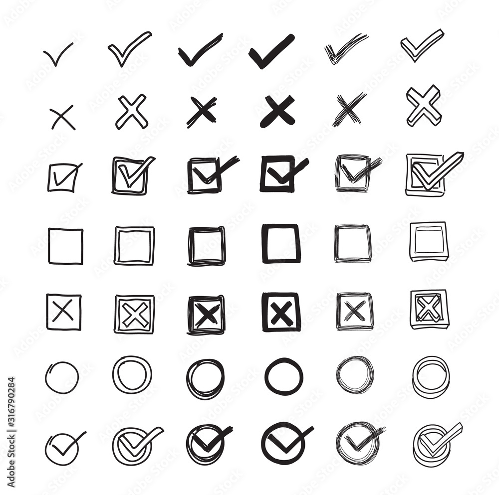 Checkmarks and checkboxes hand drawn in a doodled style on lined ...