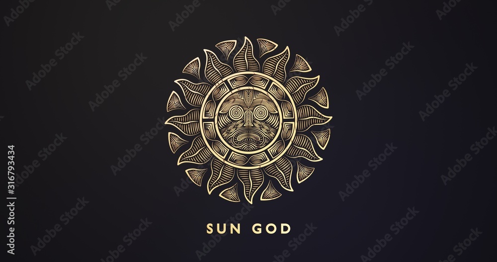 Aztec Sun God. 3d golden ancient symbol. Sun icon. Aztec geometric sun ...