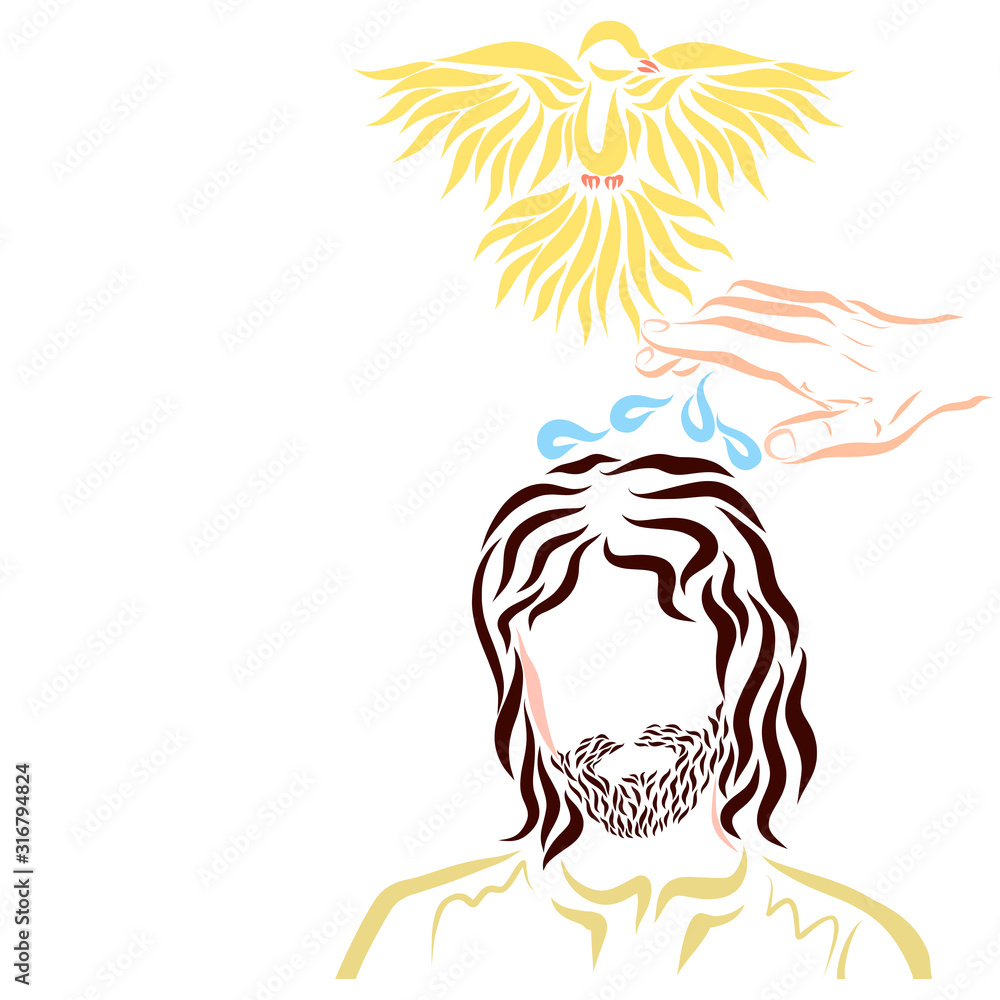 Holy Spirit in the form of a dove and a drop of water above the head of ...