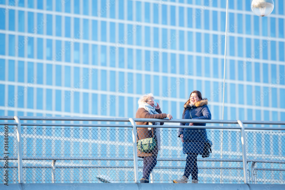 Business women talk to each other at a pedestrian bridge. A large city ...