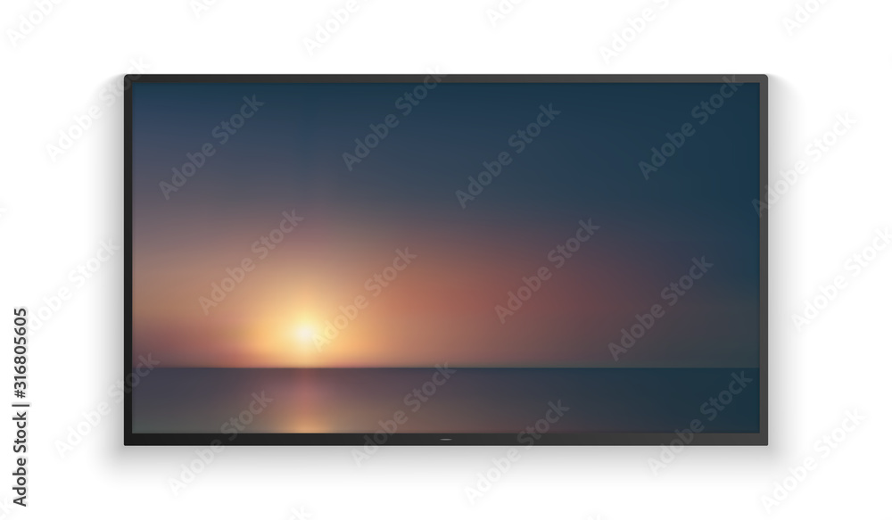 Vector realistic wide angle smart HD tv on the wall. Blue aerial ...