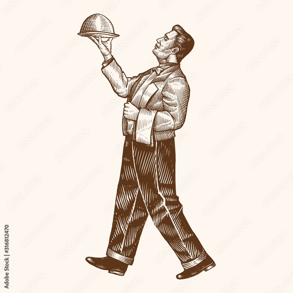 Hand-drawn restaurant waiter's holding tray for hot dishes. Vintage ...