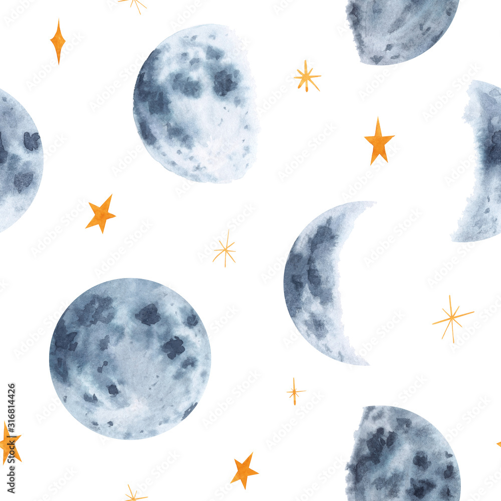 Watercolor hand drawn moon phases and stars seamless pattern isolated ...
