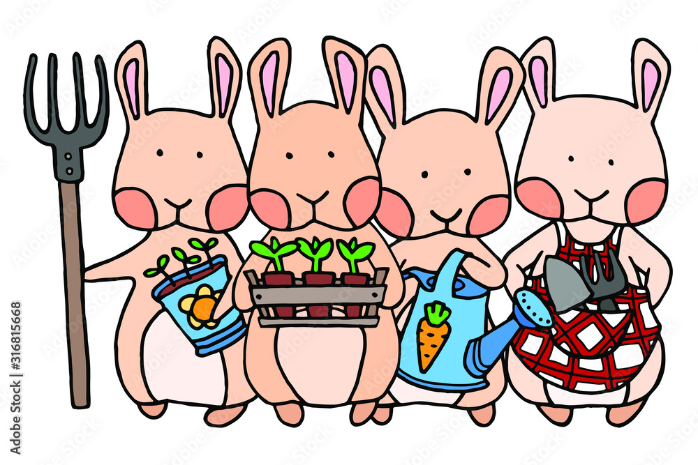 Hand drawing vector illustration. Set of cartoon rabbits. Rabbit the ...