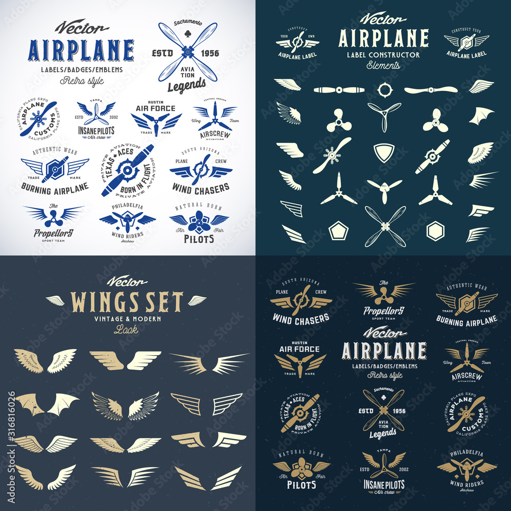 Airplane Retro Labels Construction Bundle. Plane Propellers Logos Set ...