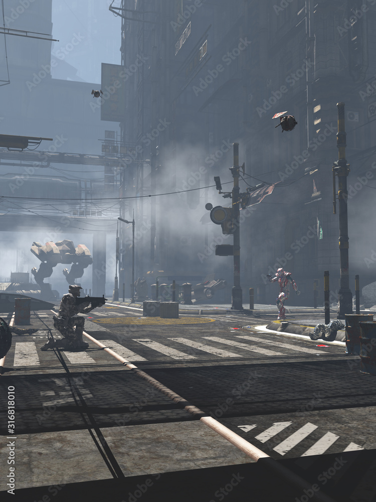 Science fiction illustration of an urban battle fought in the streets ...