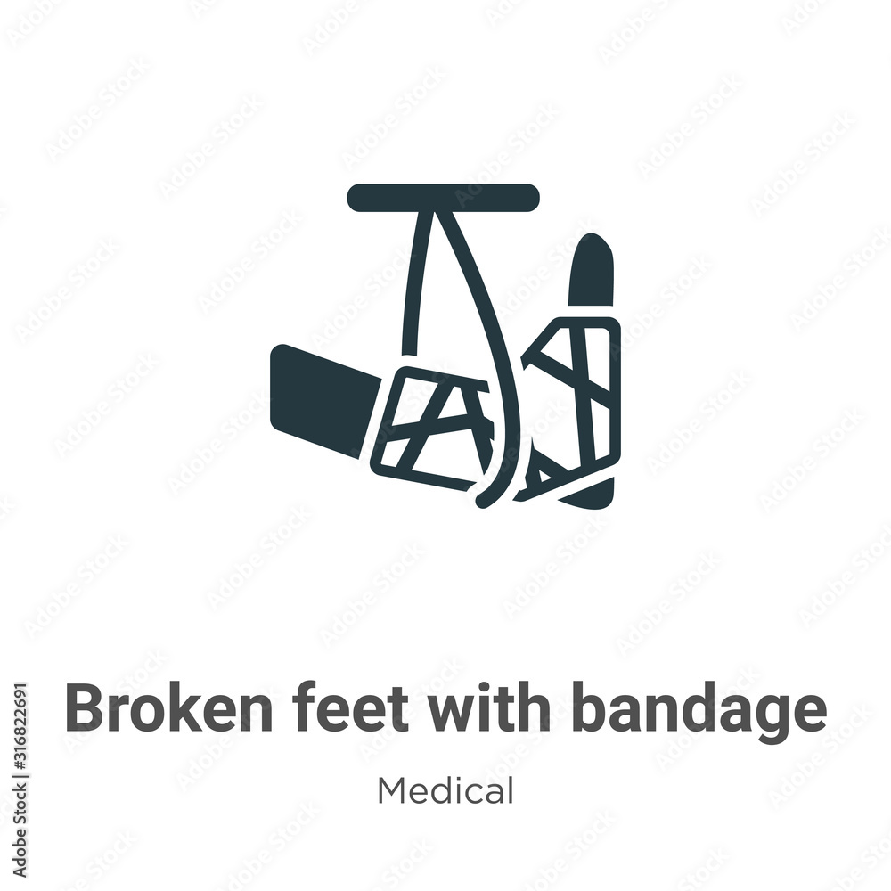 Broken feet with bandage glyph icon vector on white background. Flat ...