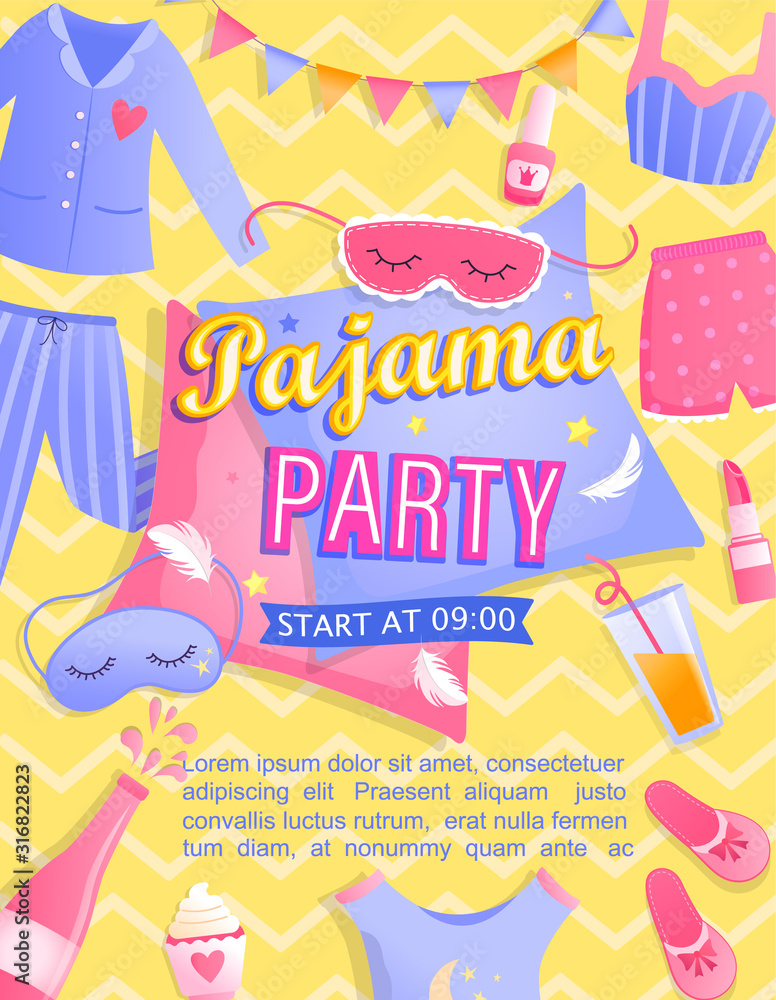 Bright Pajama party's invitation flyer. Night time for kids and parents ...
