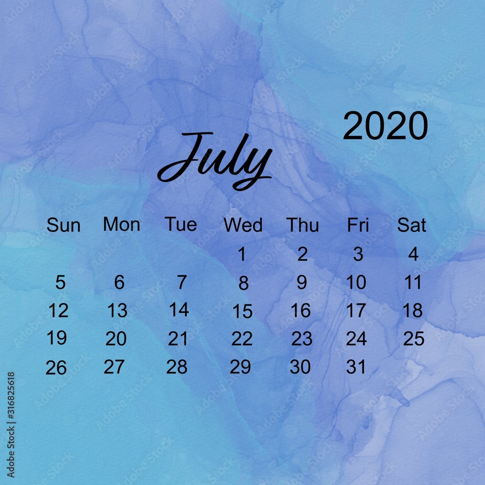 July - Simple calendar layout for 2020 the Week starts on Sunday with ...