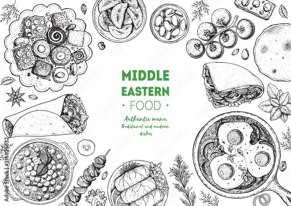 Middle eastern food top view frame. Food menu design with kebab, dolma ...