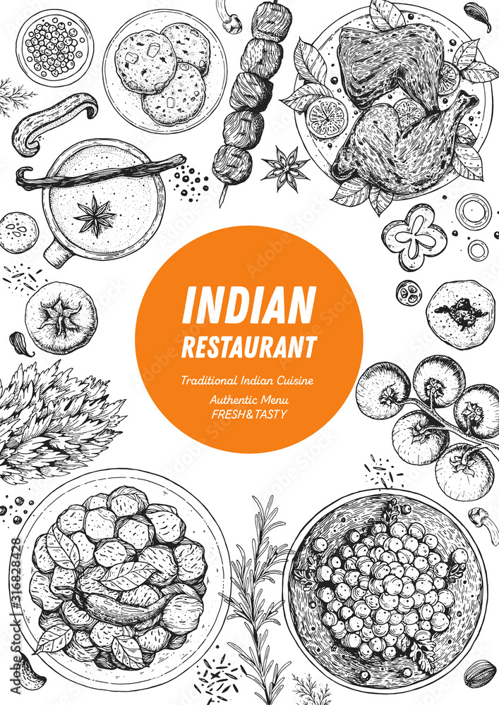 Indian food illustration. Hand drawn sketch. Vector illustration. Menu ...