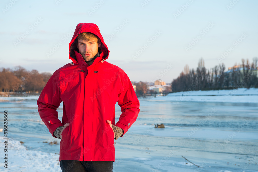 Christmas vacation. human and nature. man walking snowy landscape in ...