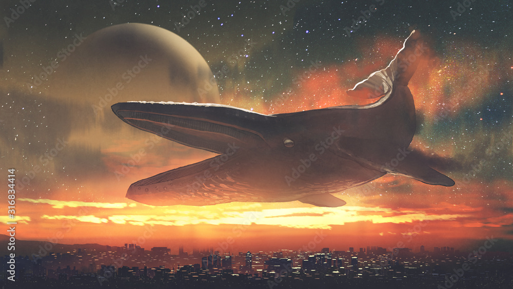 fantasy scenery of a giant whale flying above city against sunset sky ...