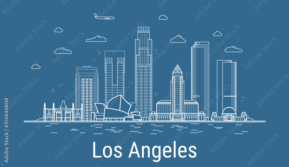 Los Angeles city, Line Art Vector illustration with all famous ...
